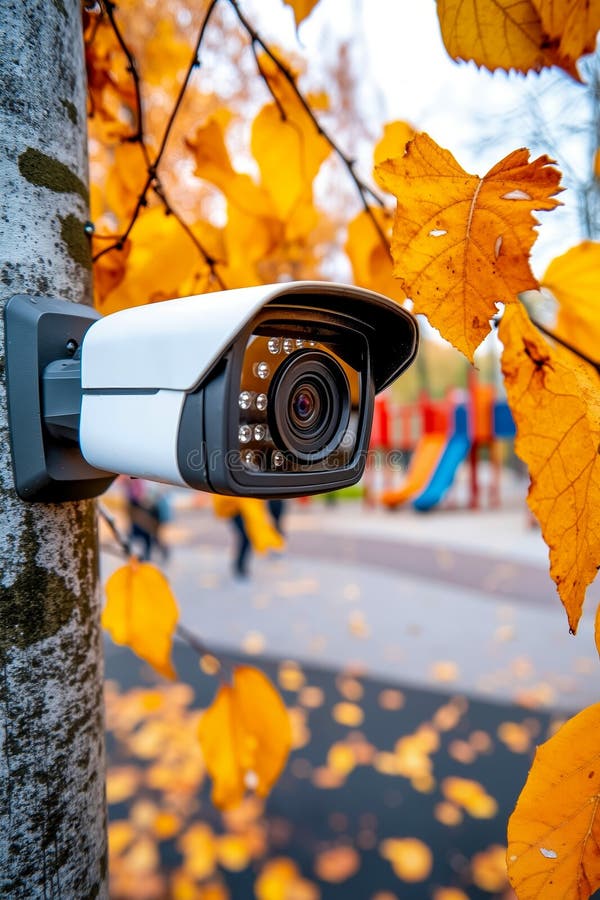 A Security Camera Mounted on a Tree in a Park Stock Image - Image of ...