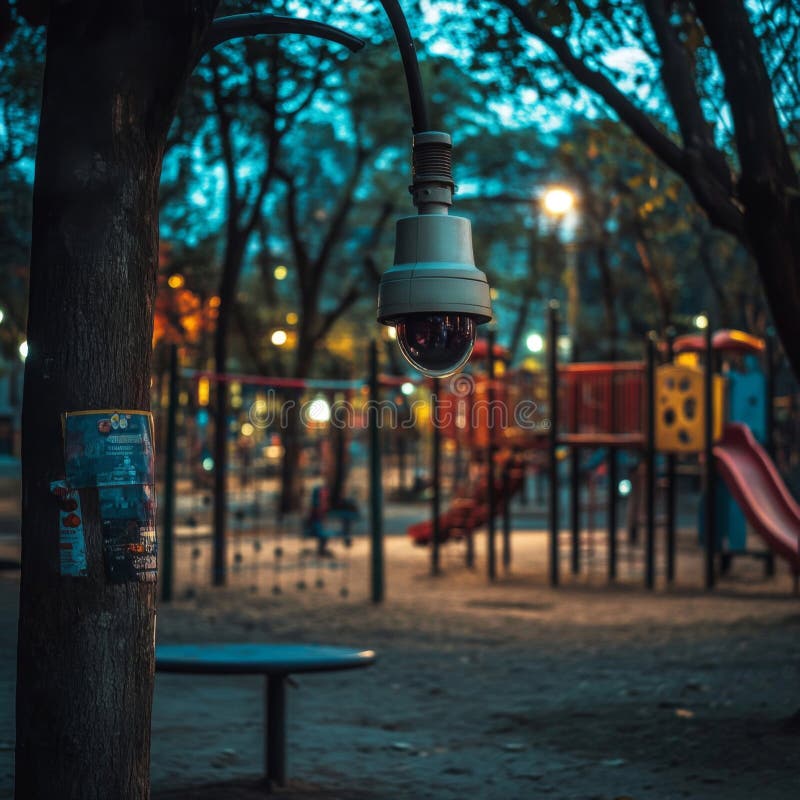 Security Camera Mounted on a Tree in a Playground at Dusk Stock ...