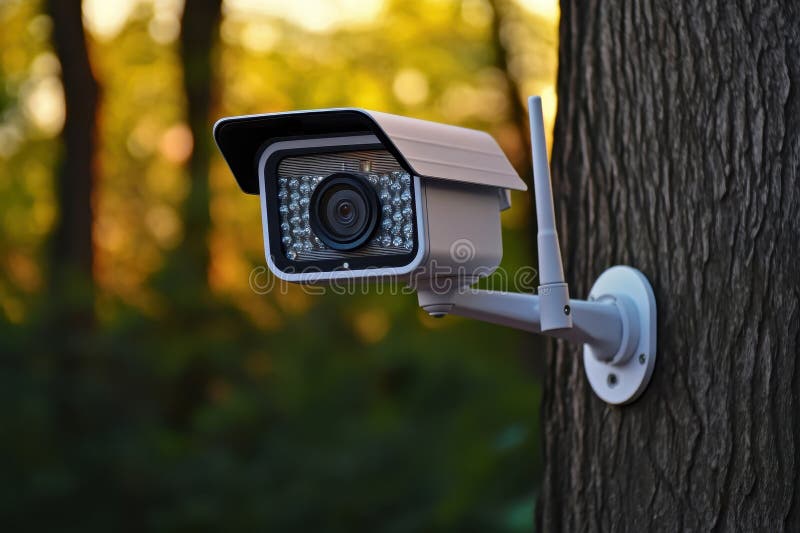 Security Camera Mounted on a Tree with a Soft Sunset Background Stock ...