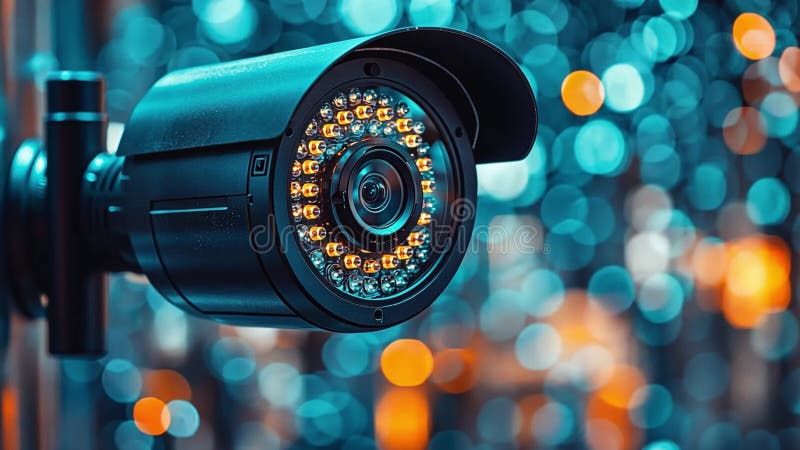 Security Camera with Decorative Lights in Urban Setting during ...