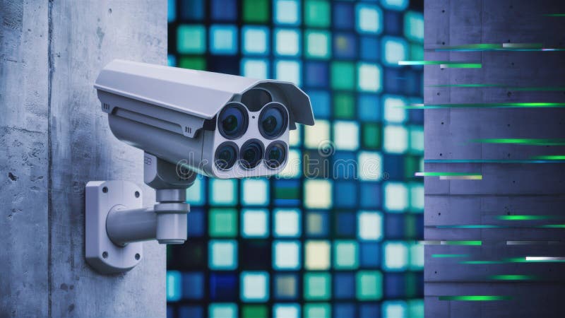 A Security Camera Mounted on a Wall with Blue and Green Lights, AI ...