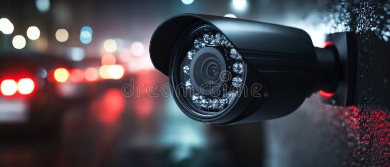 Security Camera Mounted on a Wall with Blurry Red Lights in the ...