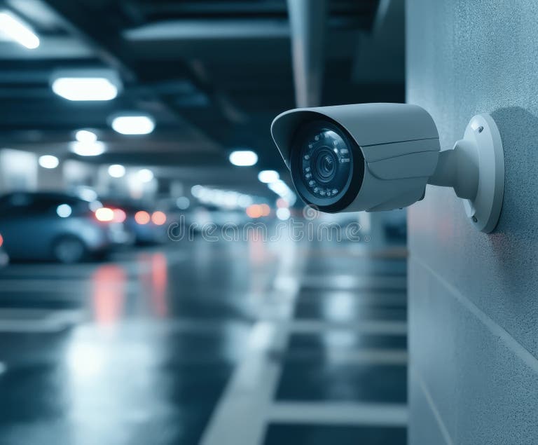 Security Camera Monitoring a Dimly Lit Parking Garage at Night Stock ...