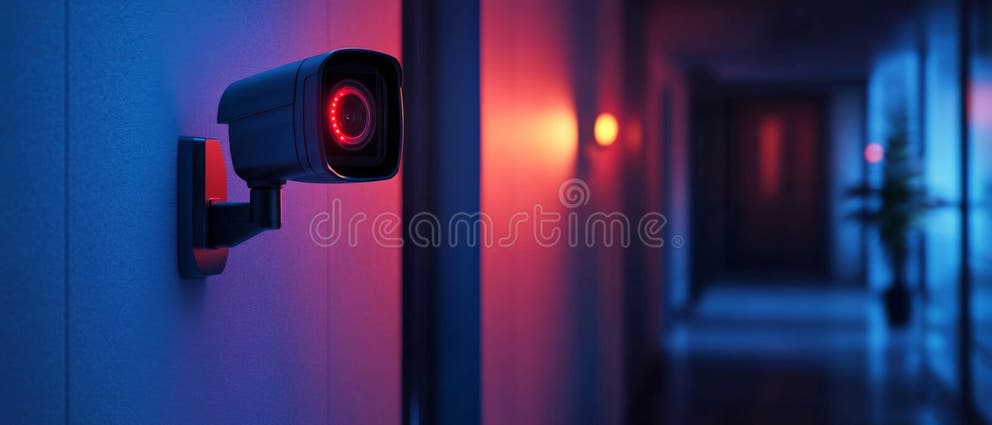 Security Camera Mounted on Wall in a Hallway with Red and Blue Lighting ...
