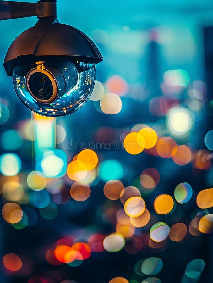 A Security Camera is Mounted on a Wall Looking Out Over a City Skyline ...