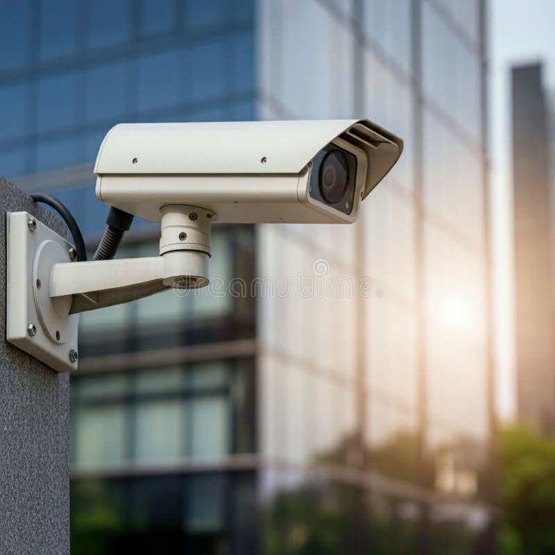 Security Camera Mounted on a Wall with a Modern Building Backdrop. the ...