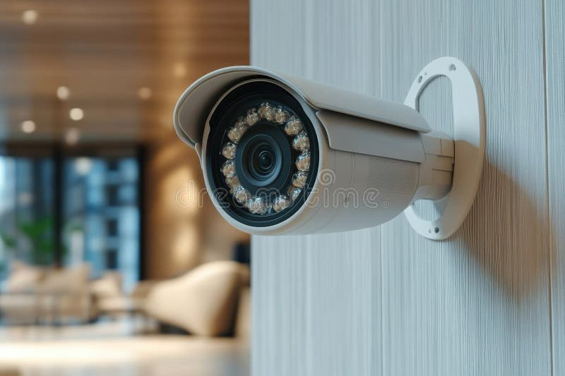 Security Camera Mounted on Wall in Modern Building with Soft Interior ...