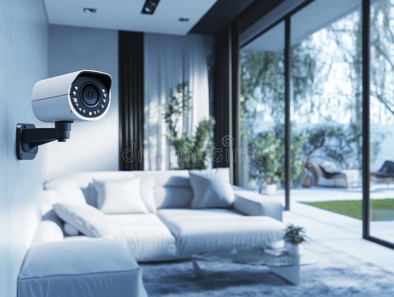 Security Camera Mounted on a Wall in a Modern Living Room Stock ...