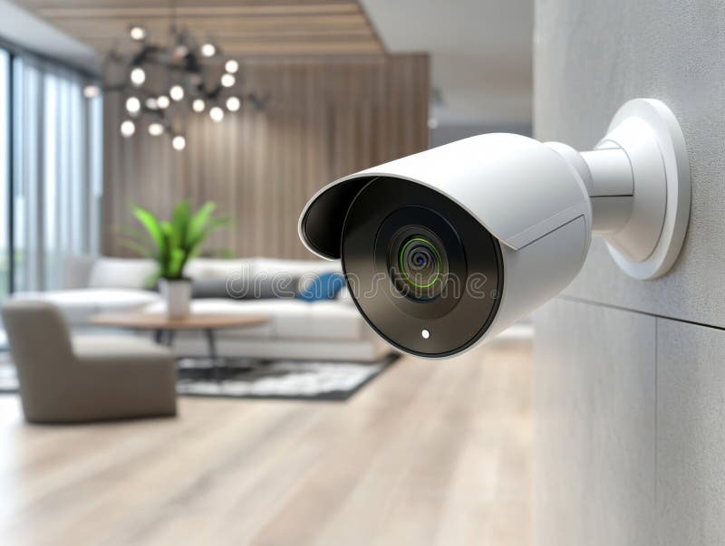 Security Camera Mounted on Wall in Modern Living Room Stock ...