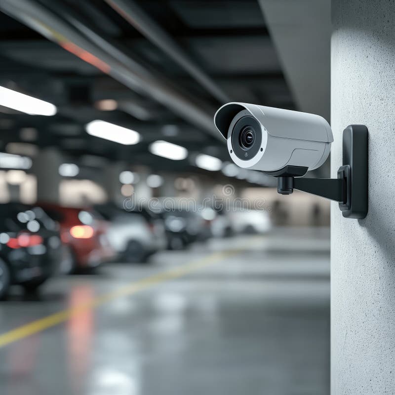 Security Camera Monitoring Cars in a Modern Parking Garage at Night ...