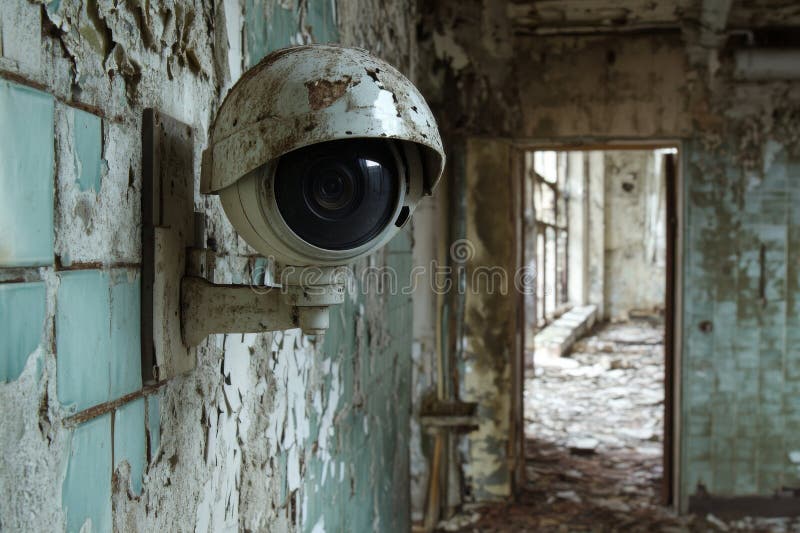 A Security Camera Mounted on a Wall in a Ruined Building Stock ...