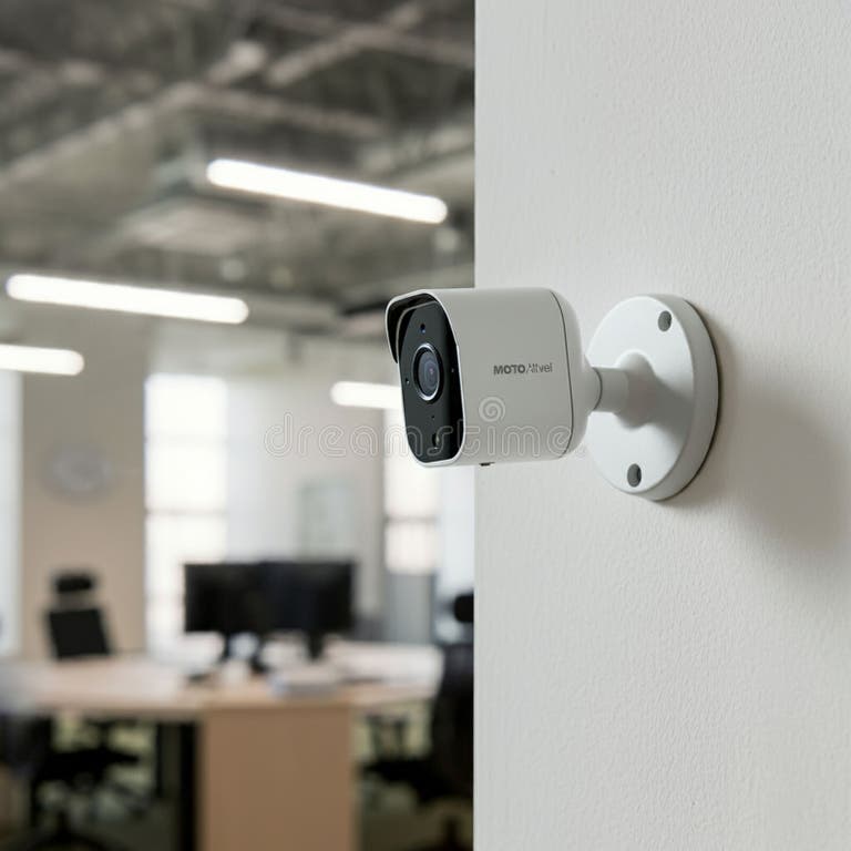 Security Camera Mounted on a White Wall in an Office. the Camera is ...
