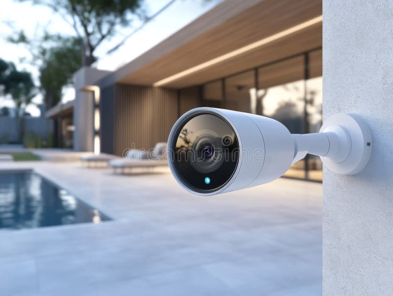 Security Camera Mounted on a White Wall Overlooking a Pool Stock ...