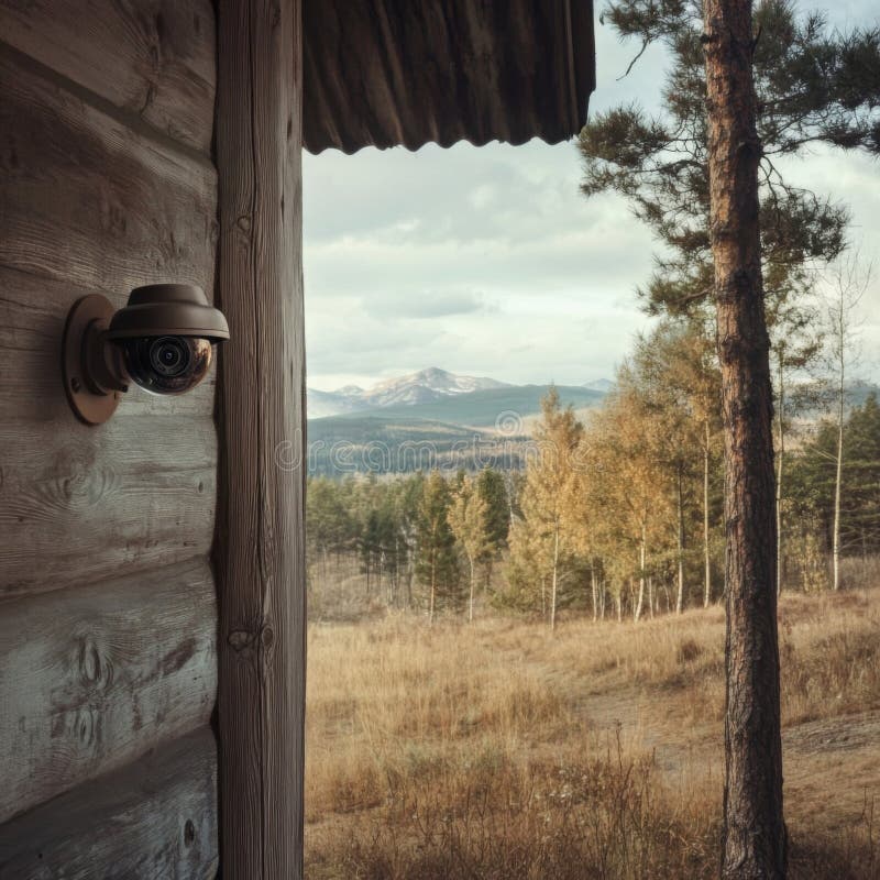 Security Camera Mounted on Wooden Wall Overlooking a Mountainous ...