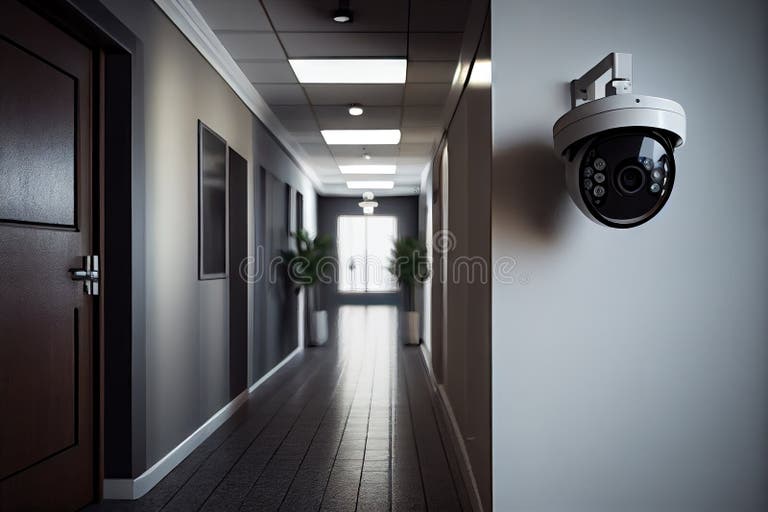 Security Camera in Office Hallway, with View of Doors and Entrances ...