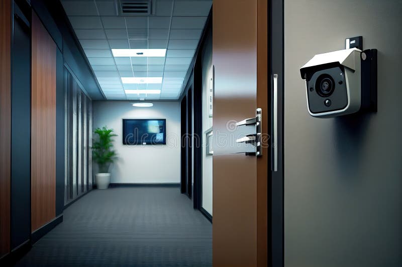 Security Camera in Office Hallway, with View of Doors and Entrances ...