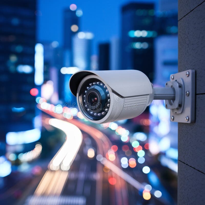 Security Camera Overlooks Vibrant Cityscape, Blurred Lights Evoke ...