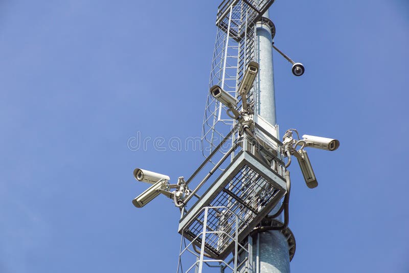 Security Camera on Pole High Tower of CCTV System in Daytime Stock ...