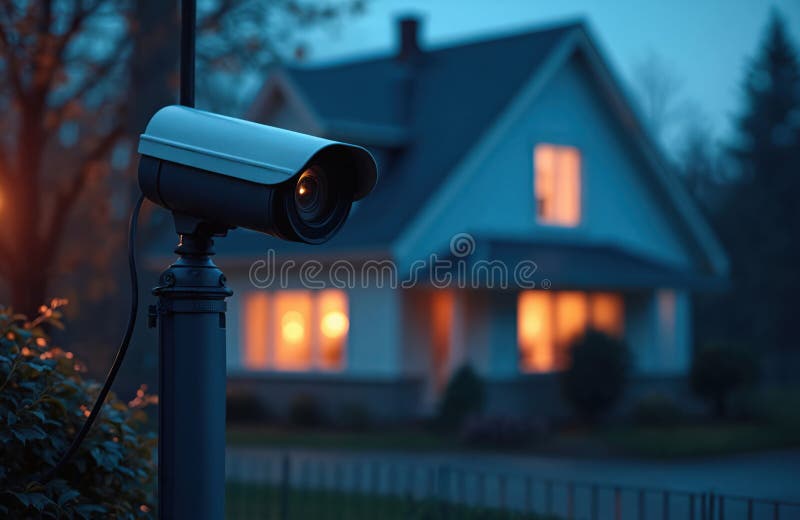 Security Camera on Pole Secures Property in Blue Hour. Surveillance ...