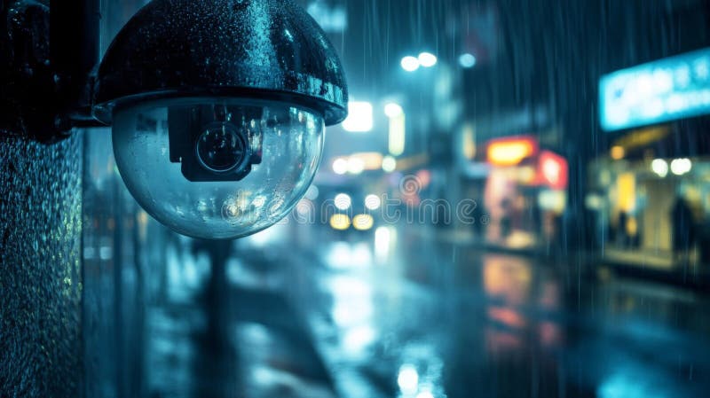 A Security Camera in the Rain, Capturing a Blurred Cityscape Stock ...