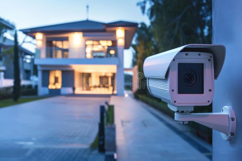 Security Camera Protecting Modern House at Evening with Lights on Stock ...