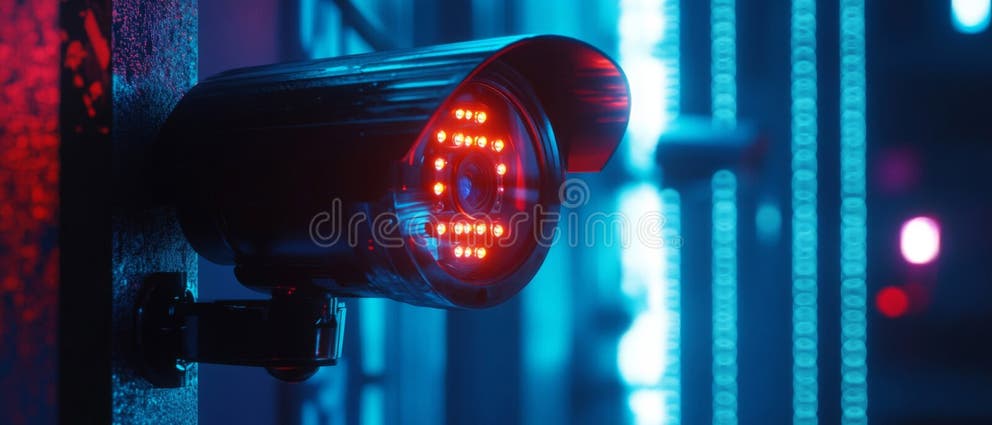 Security Camera with Red Infrared LEDs and Blue Lights in Background ...