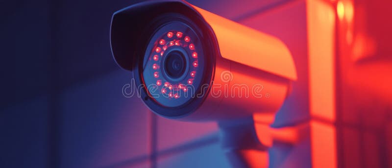 Security Camera with Red Infrared LEDs in a Red and Blue Lit Room Stock ...