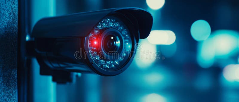 Security Camera with Red LED and Blurry Blue Background Stock ...