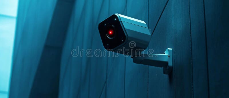 A Security Camera with a Red LED Light Mounted on a Blue Wall Stock ...