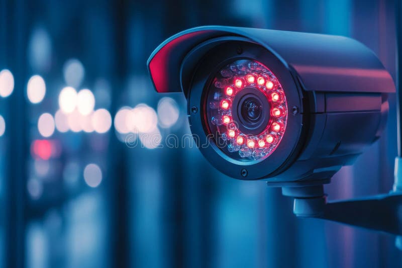 Security Camera with Red LED Lights and Bokeh Background Stock ...