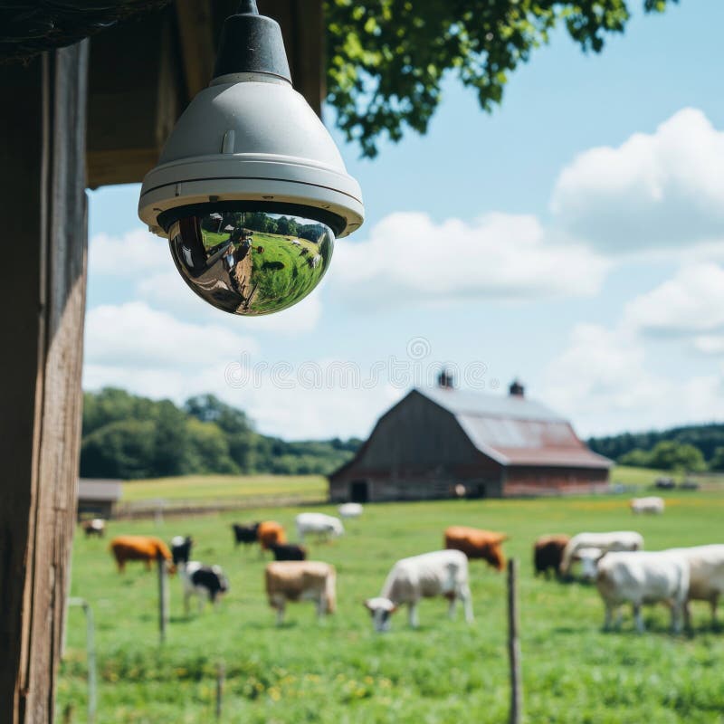 Security Camera Reflecting Rural Farm Scene with Cows and Barn Stock ...