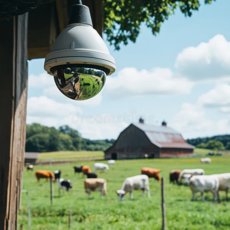 Security Camera Reflecting Rural Farm Scene with Cows and Barn Stock ...