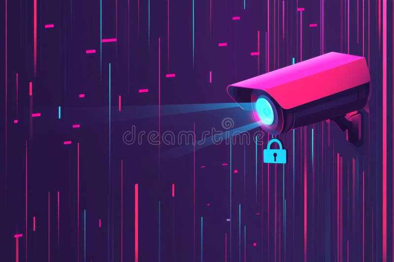 Security Camera Scanning Abstract Data with Padlock Icon on Digital ...