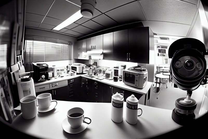 Security Camera, Showing View of Busy Office Kitchen and Coffee Machine ...