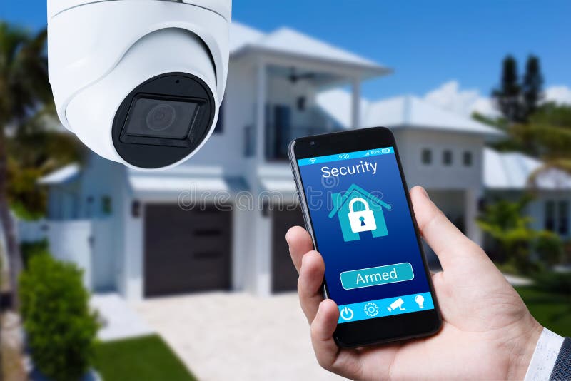 Security Camera and Smart Home App, Private House on the Background ...