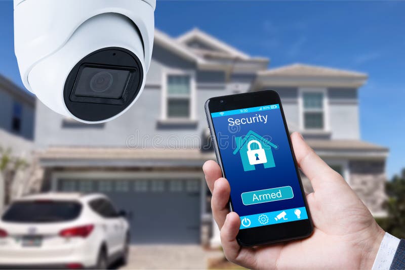 Security Camera and Smart Home App, Private House on the Background ...