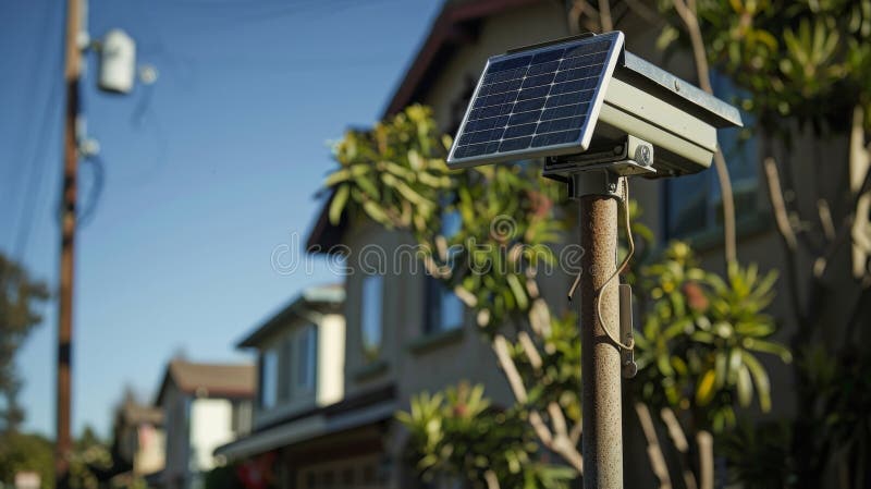 A Security Camera with a Solar Panel Attached is Mounted on a Tall Sy ...