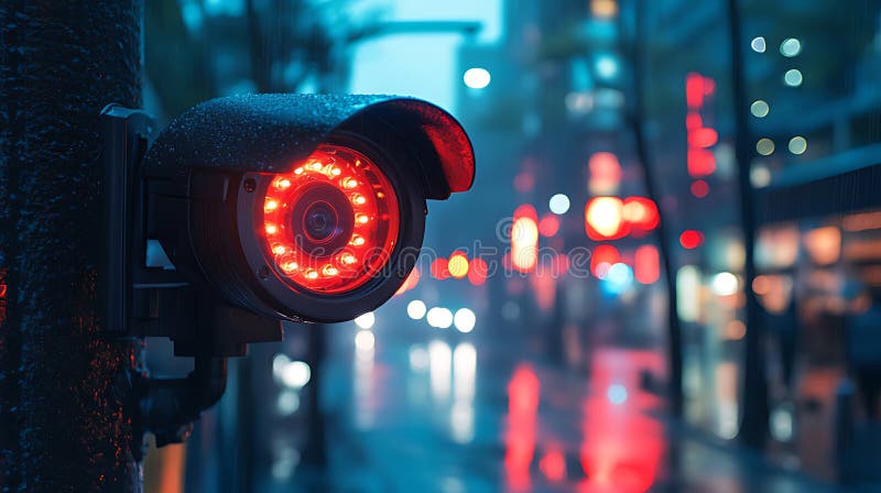 A Security Camera on a Street Lamp Post, with Blurred Lights and ...