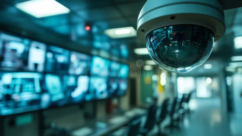 Surveillance Room, with Multiple Screens Showing Different Views of the ...