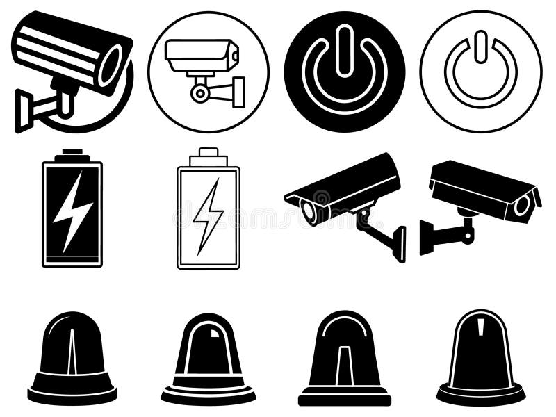 Security Camera System Icons CCTV, Power Button, Battery, Siren Set ...