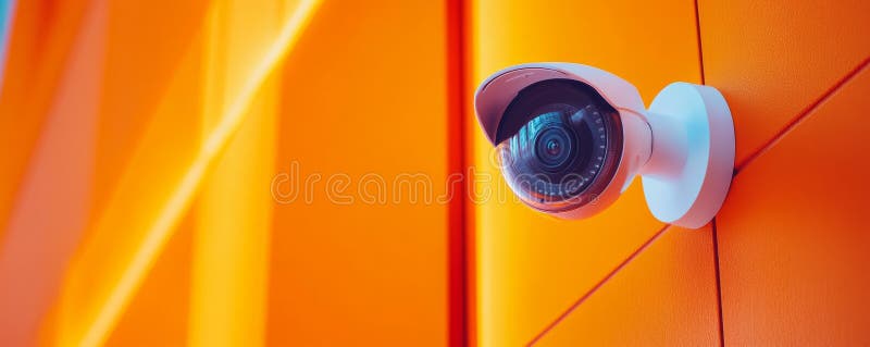 Security Camera on Vibrant Orange Wall, Technology and Surveillance ...