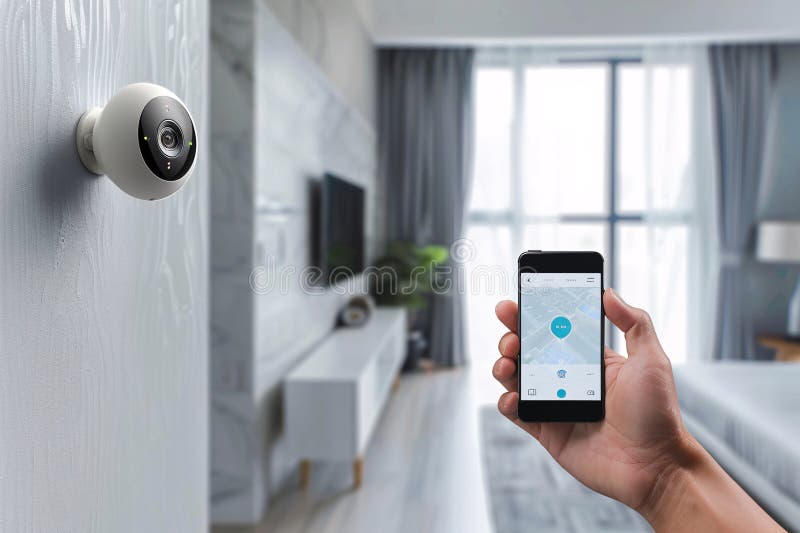 Security Camera on the Wall and Hand Holding Phone Stock Illustration ...