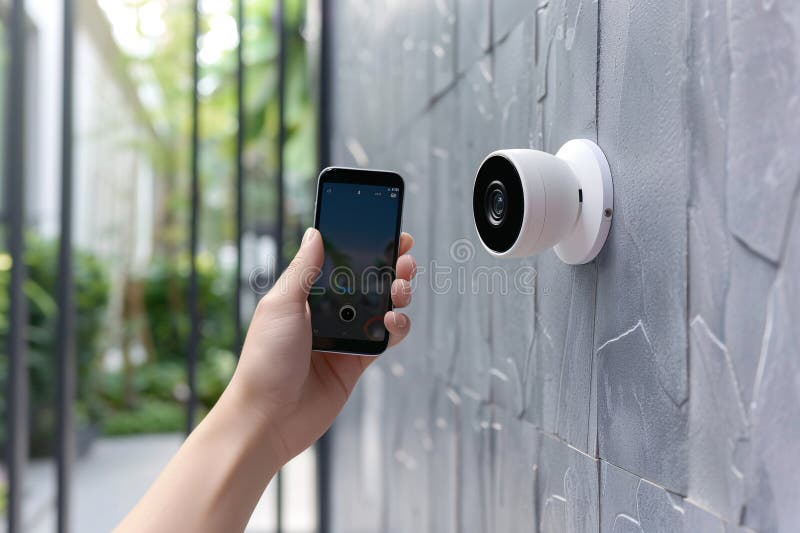 Security Camera on the Wall and Hand Holding Phone with Location Stock ...