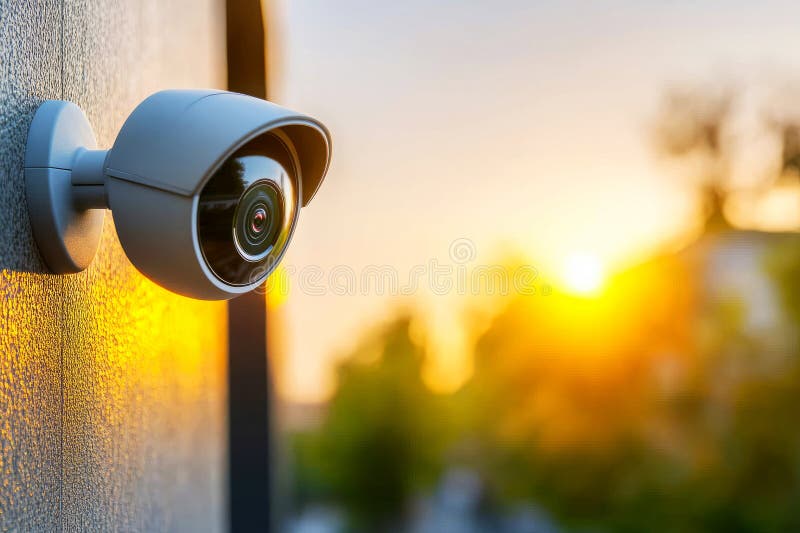 Security Camera on a Wall with Sunset Background and Blurred Nature in ...