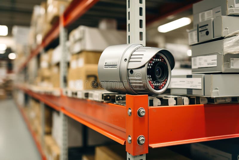A Security Camera in Warehouse. Many Shelves and Boxes on Background ...