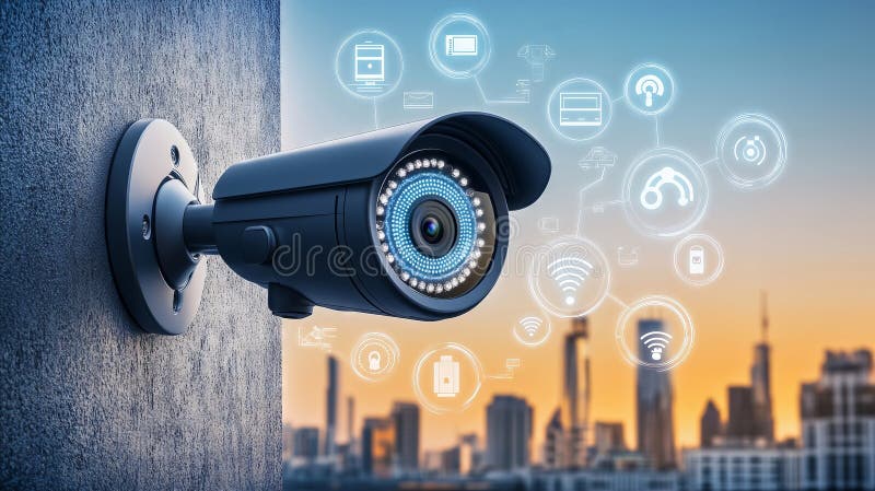 Security Camera Watching Over Smart City with Icons of Technology and ...