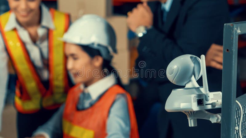 Security Camera Watching Warehouse Workers Working in the Storehouse ...