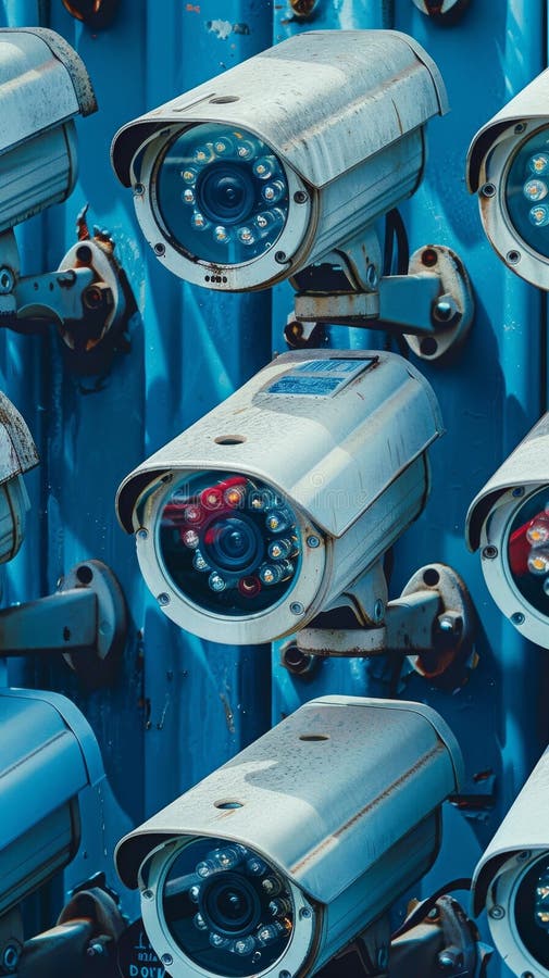 Security Cameras Mounted on Blue Wall Providing Surveillance Stock ...