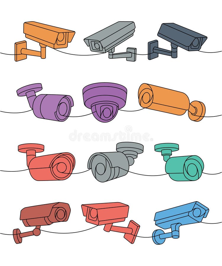 Security Cameras One Line Colored Continuous Drawing. Safety Home ...