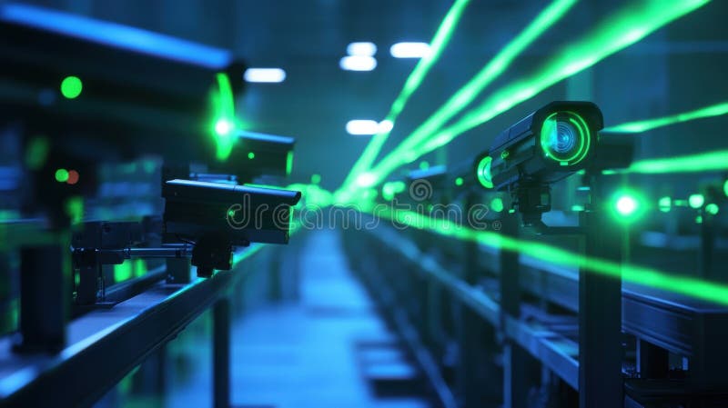 Security Cameras Scanning with Green Laser Beams in a Futuristic ...